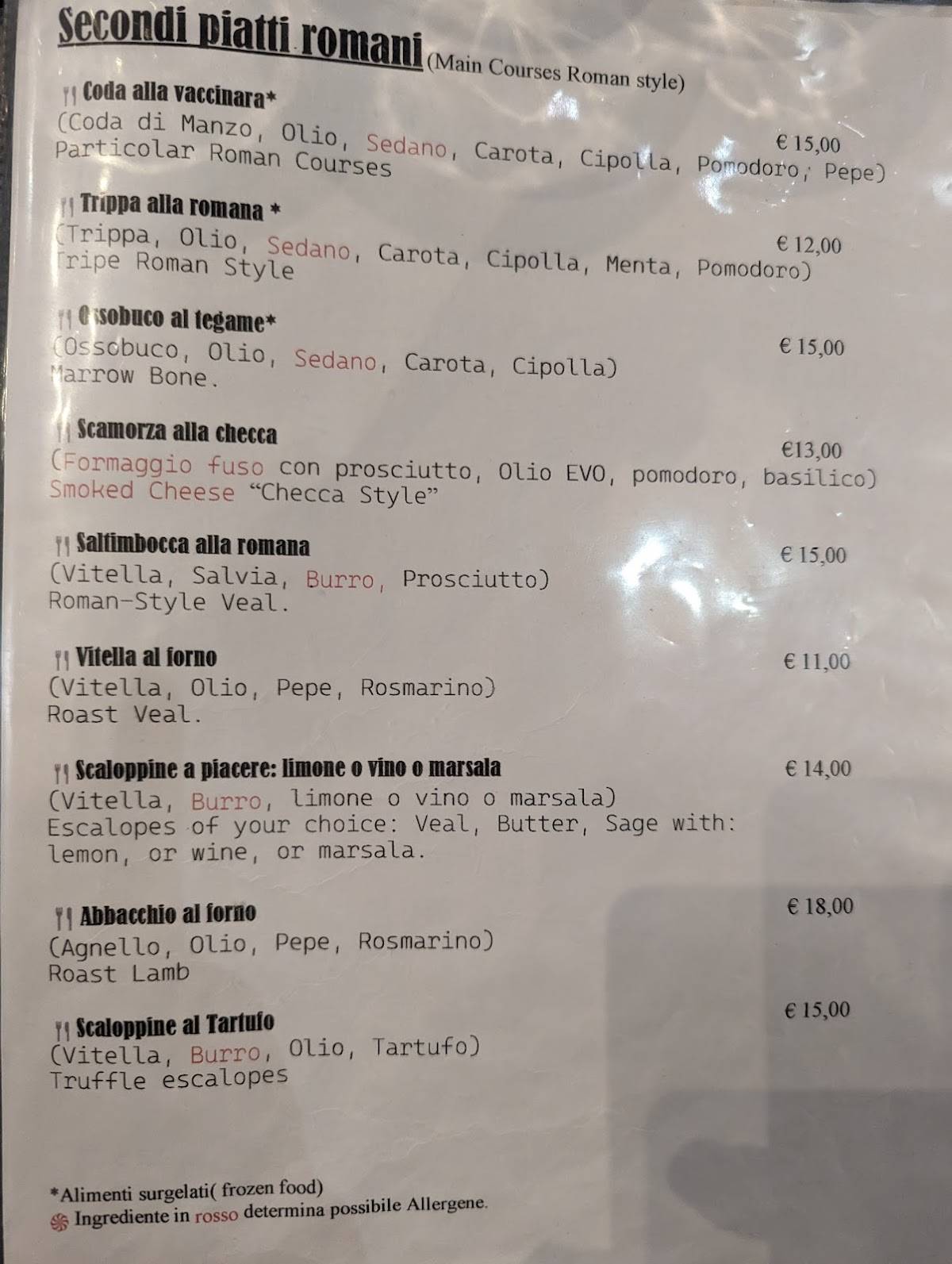 Carta del restaurante Da Carlone, Roma