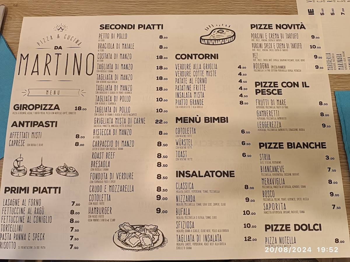 Carta de pizzería Da Martino, Ca' degli Oppi