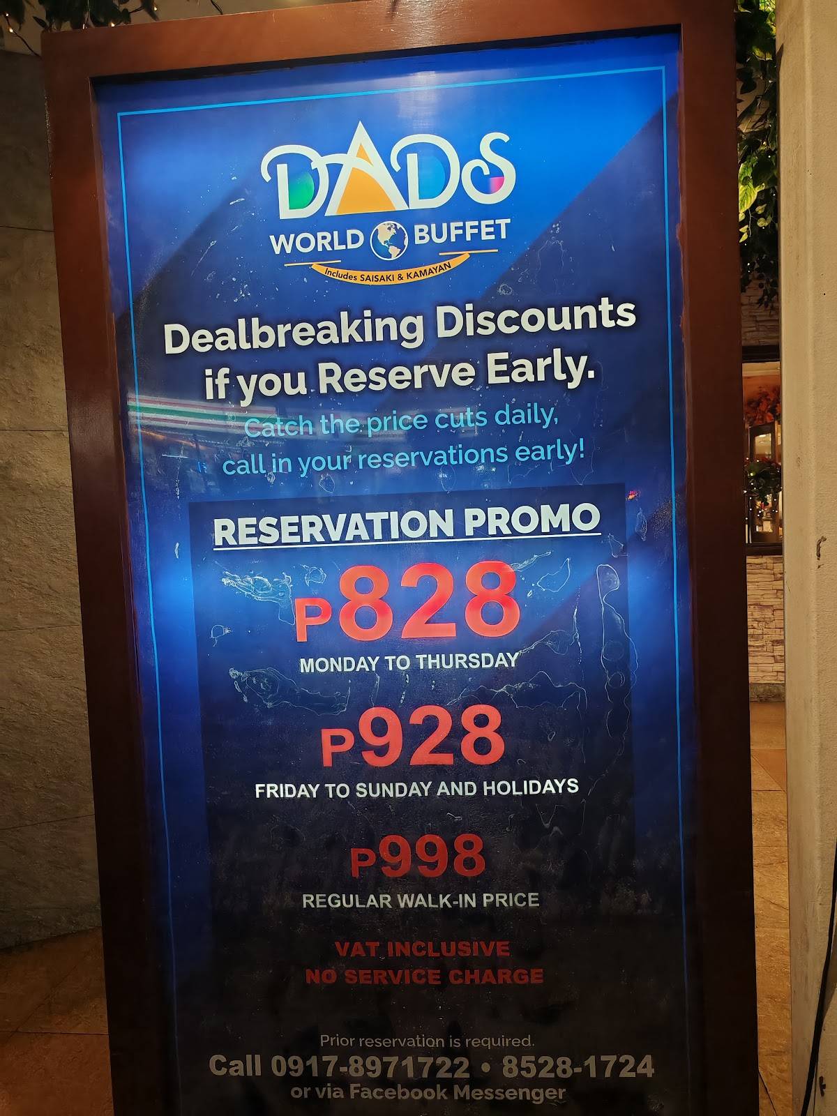 Menu at Dads world buffet restaurant, Manila