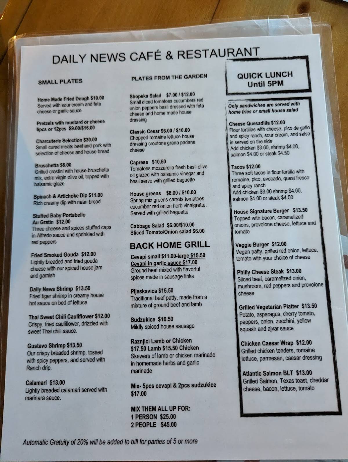 Menu at Daily News Cafe & Restaurant, Clearwater