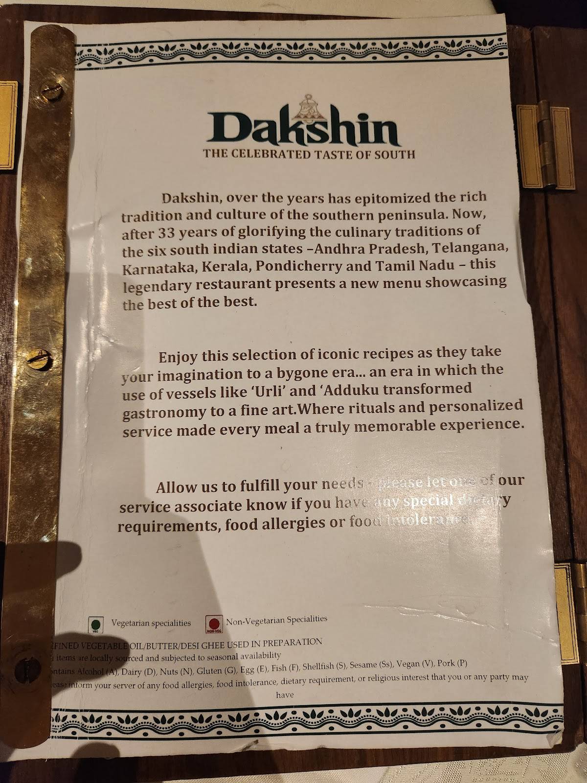 Menu at Dakshin, Chennai, Crowne Plaza Chennai Adyar Park