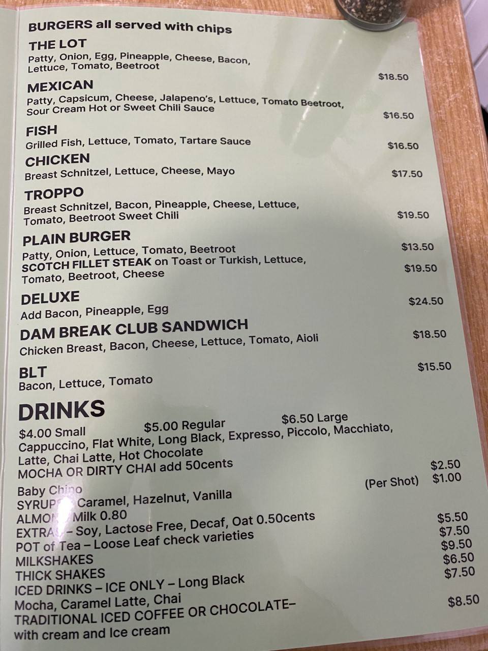 Menu at Dam Break Cafe, Warragamba