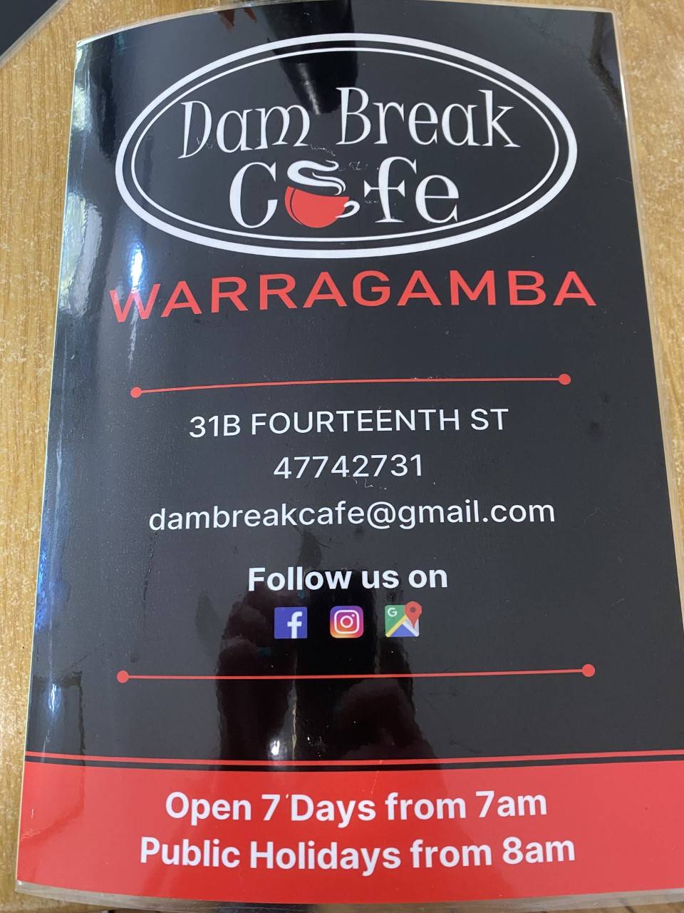 Menu at Dam Break Cafe, Warragamba