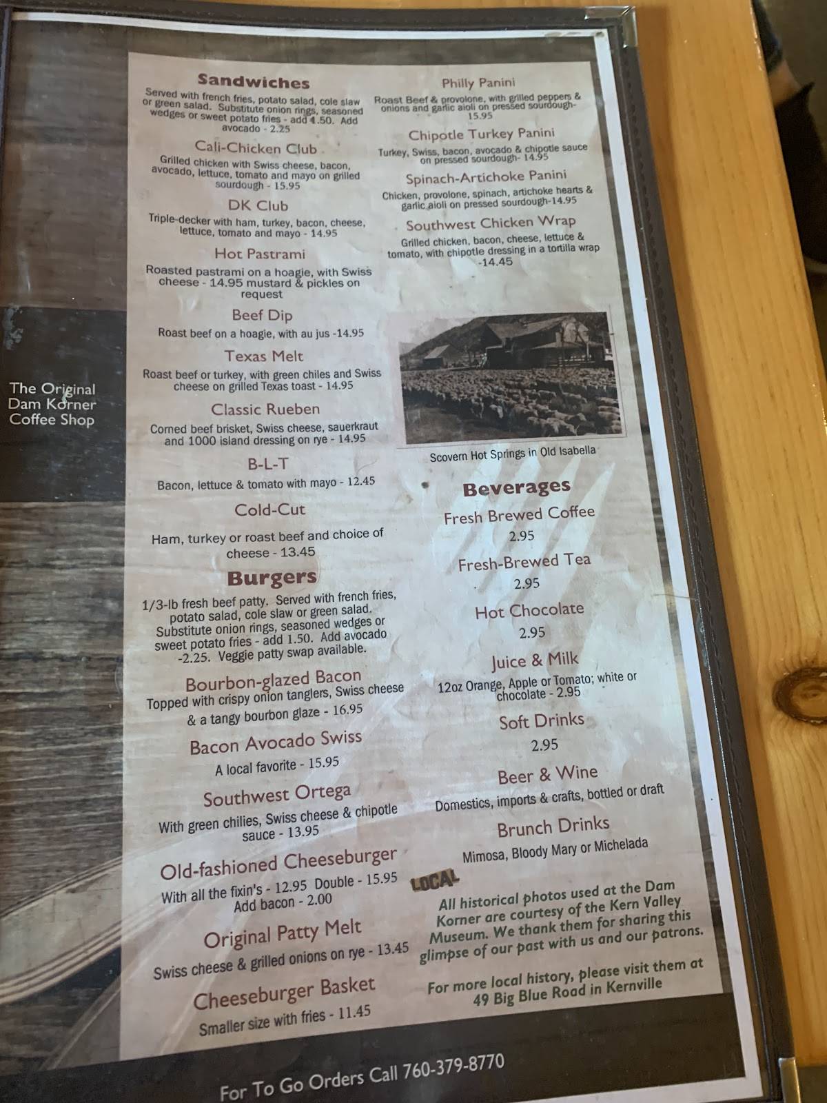 Carta del café Dam Korner, Lake Isabella