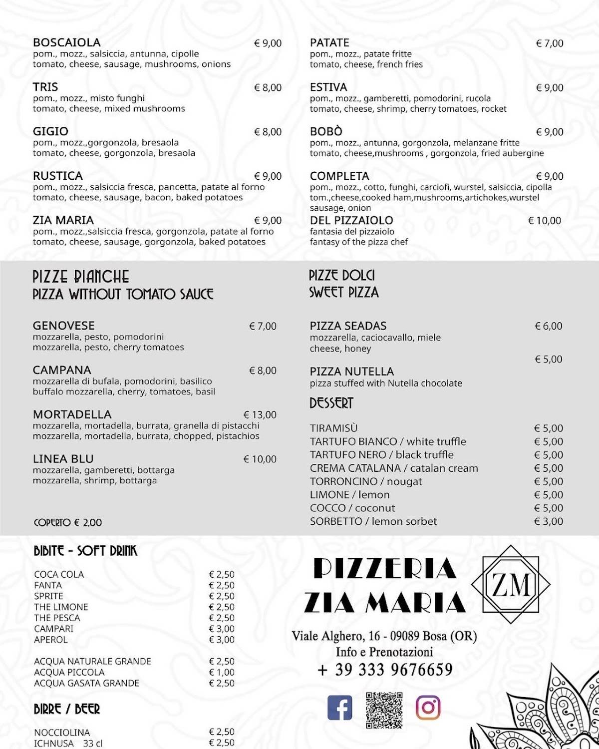 Speisekarte von Dancing Zia Maria pub & Bar, Bosa