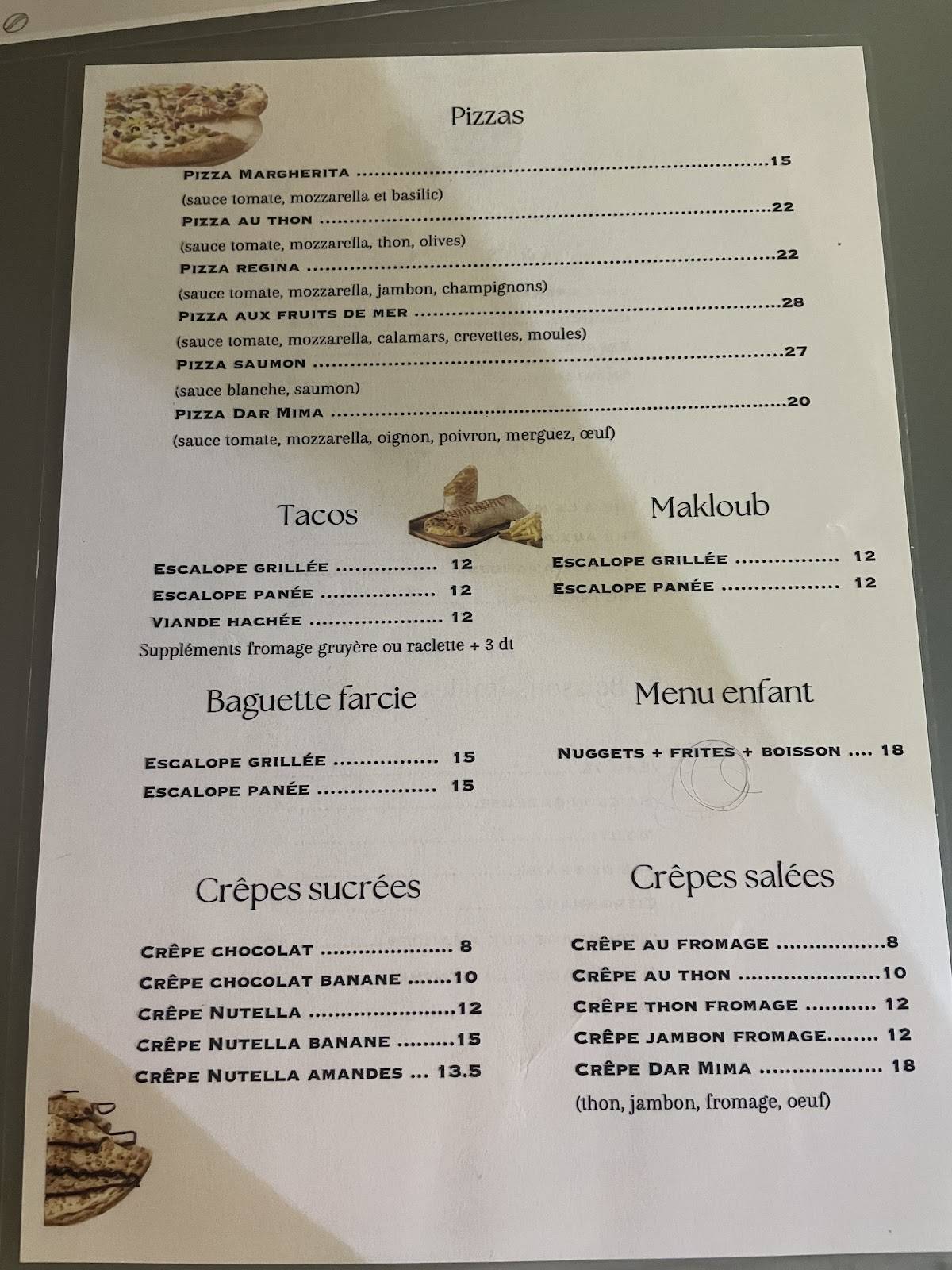 Menu at Dar Mima restaurant, Tunis, Bd Cheikh Zayed