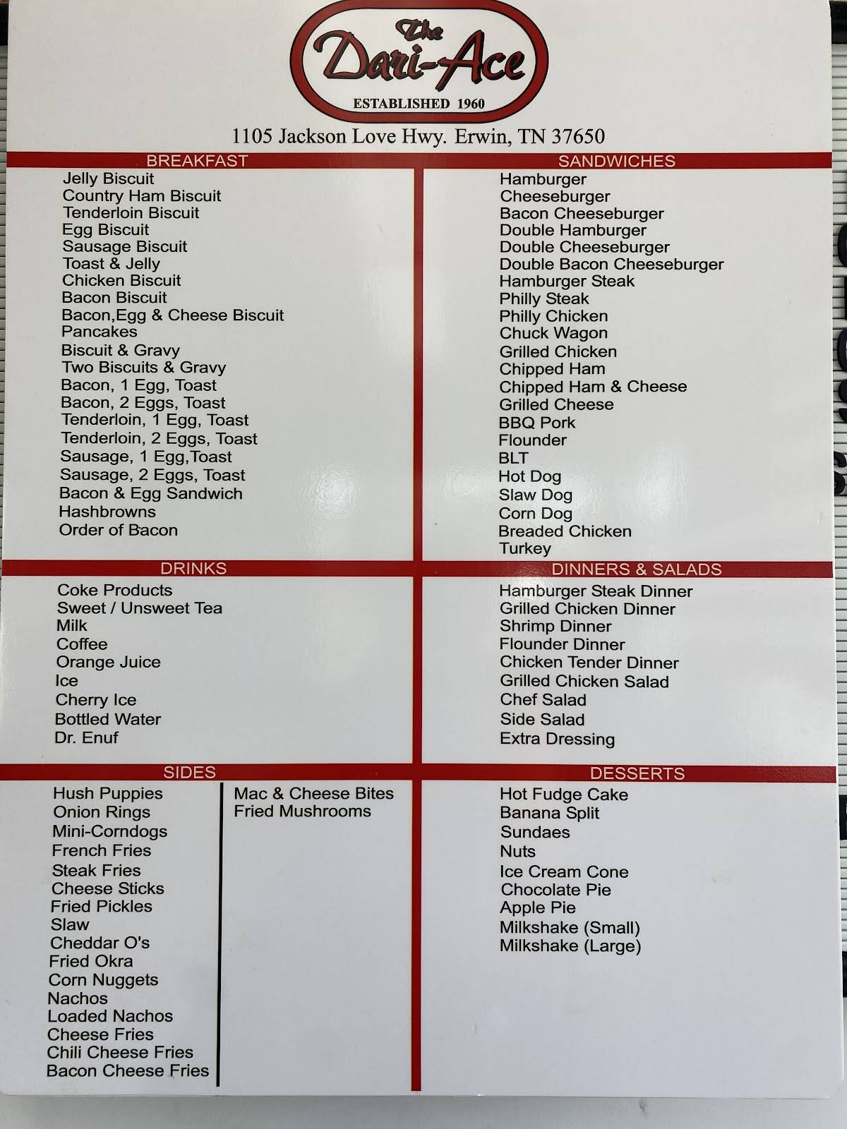 Menu at Dari Ace restaurant, Erwin