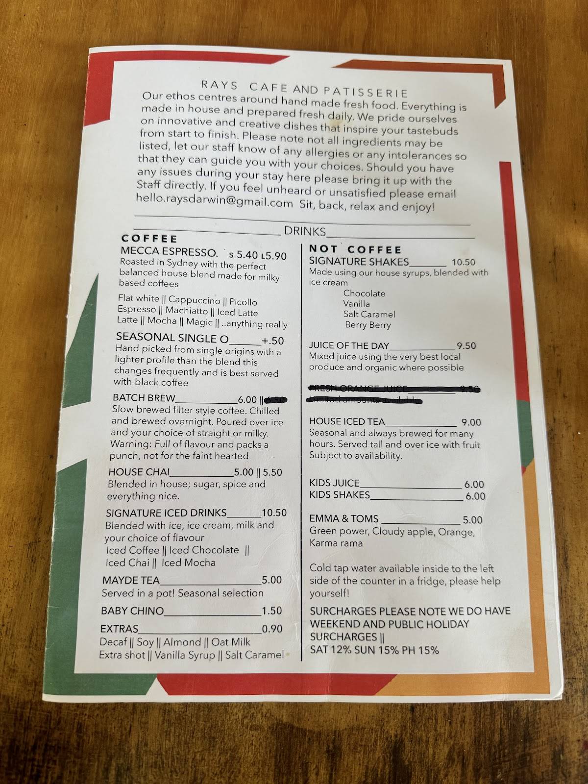 Menu at Ray's Cafe and Patisserie, Darwin City