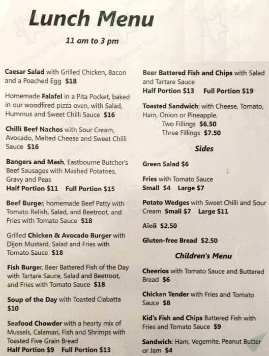 Menu at Days Bay Pavilion pizzeria, Lower Hutt