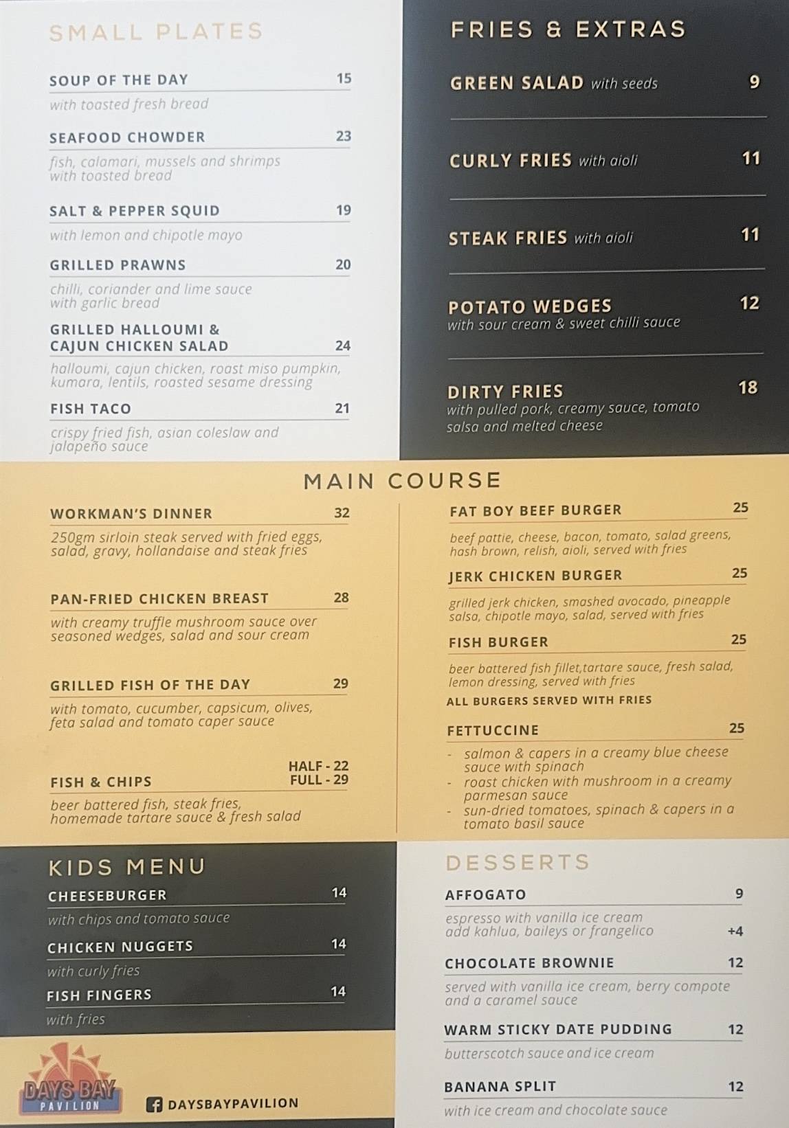 Menu at Days Bay Pavilion pizzeria, Lower Hutt