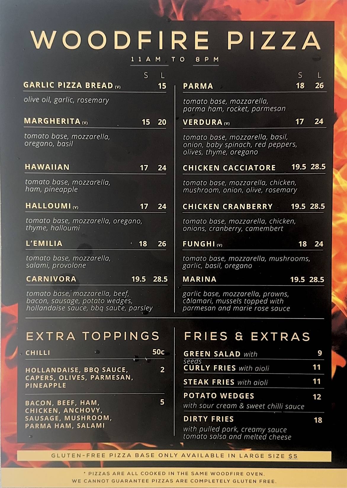 Menu at Days Bay Pavilion pizzeria, Lower Hutt
