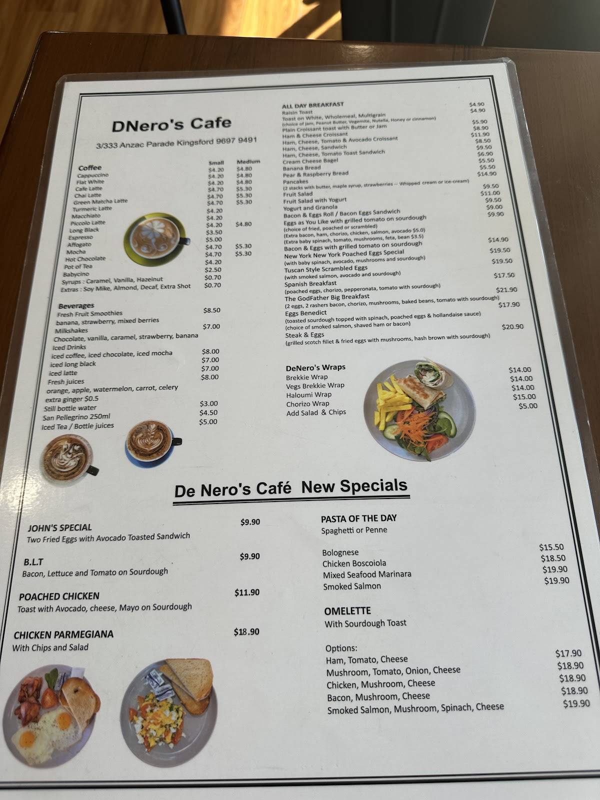 Menu at De Nero's cafe, Kingsford
