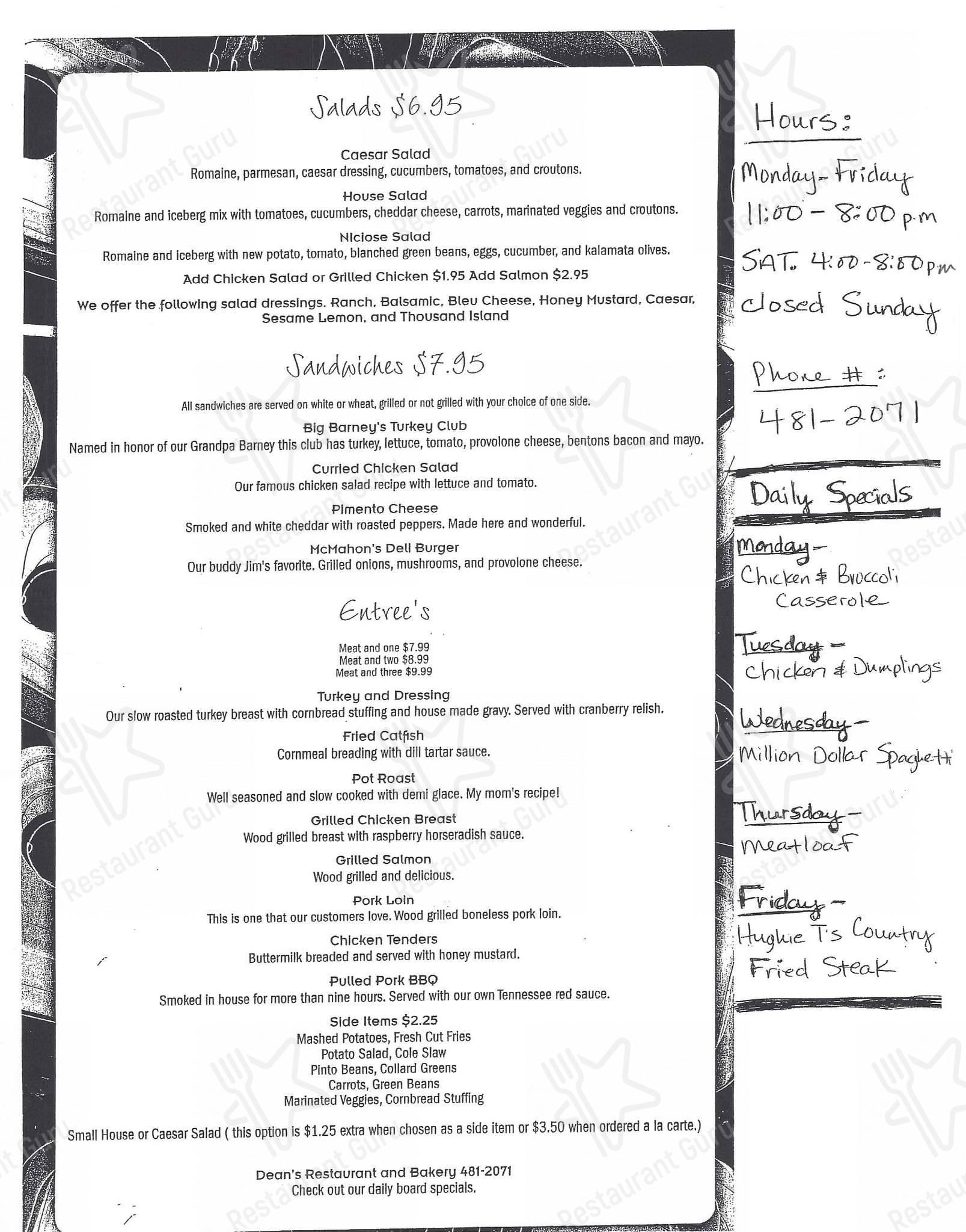 Menu at Dean's Restaurant & Bakery Oak Ridge, Oak Ridge