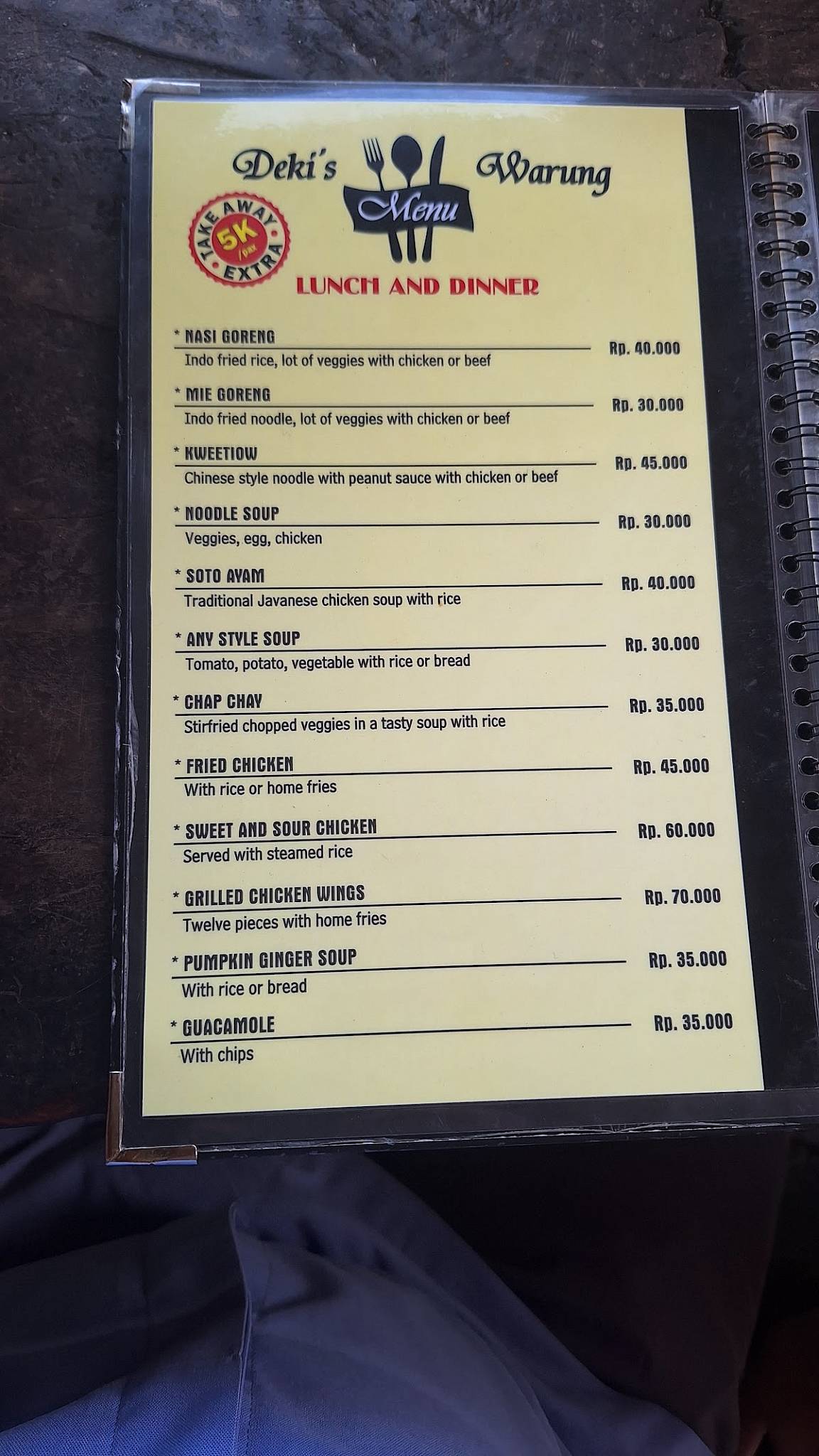 Menu at Deki's Warung restaurant, Lalanglinggah