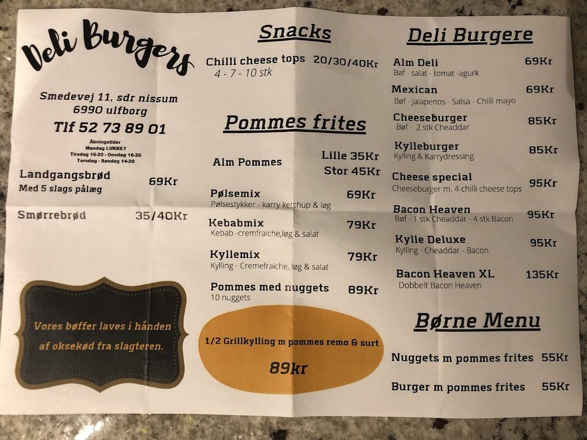 Menu at Deli Burger restaurant, Denmark