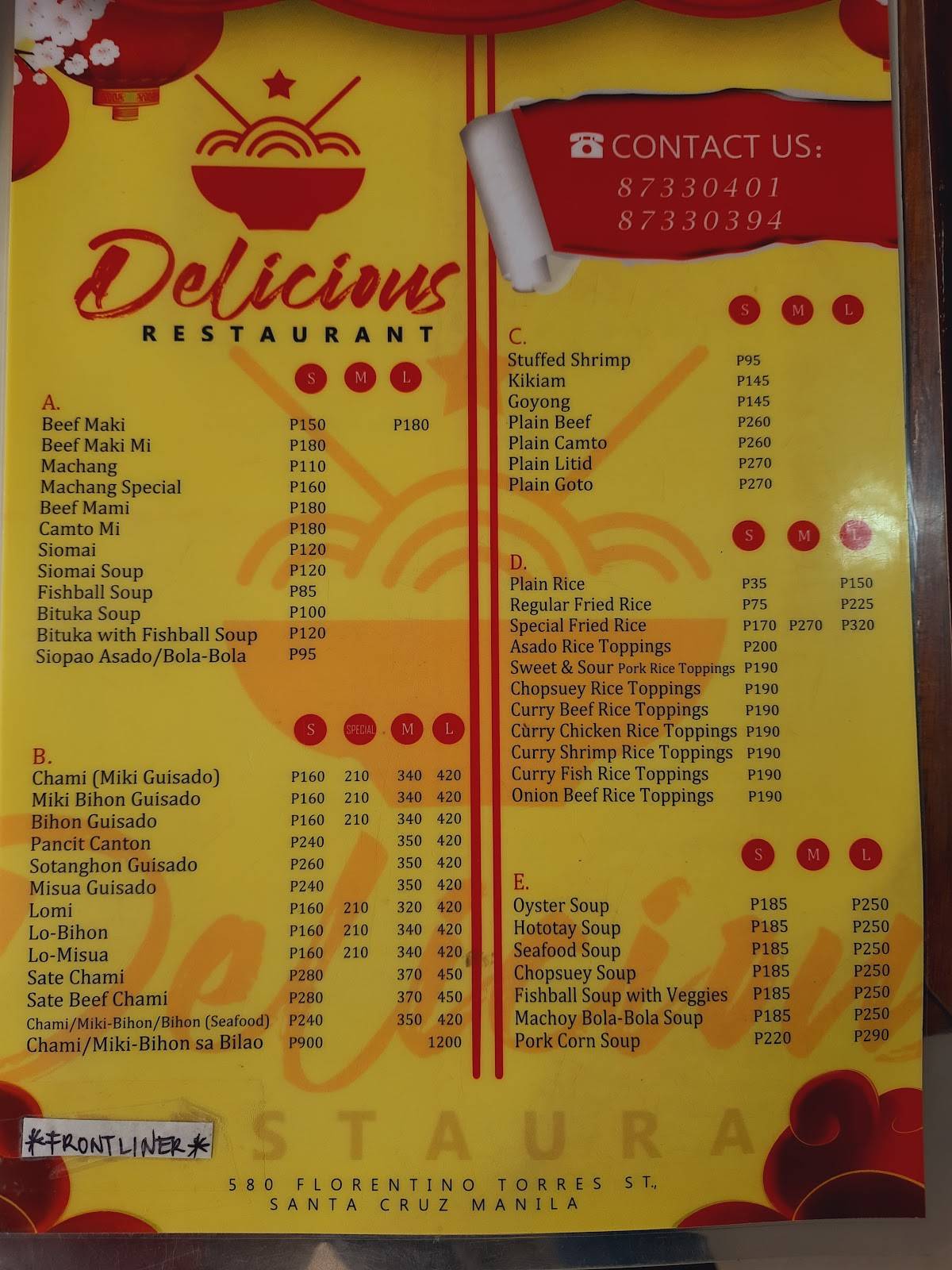 Menu at Delicious Restaurant, Manila, 580 F. Torres St