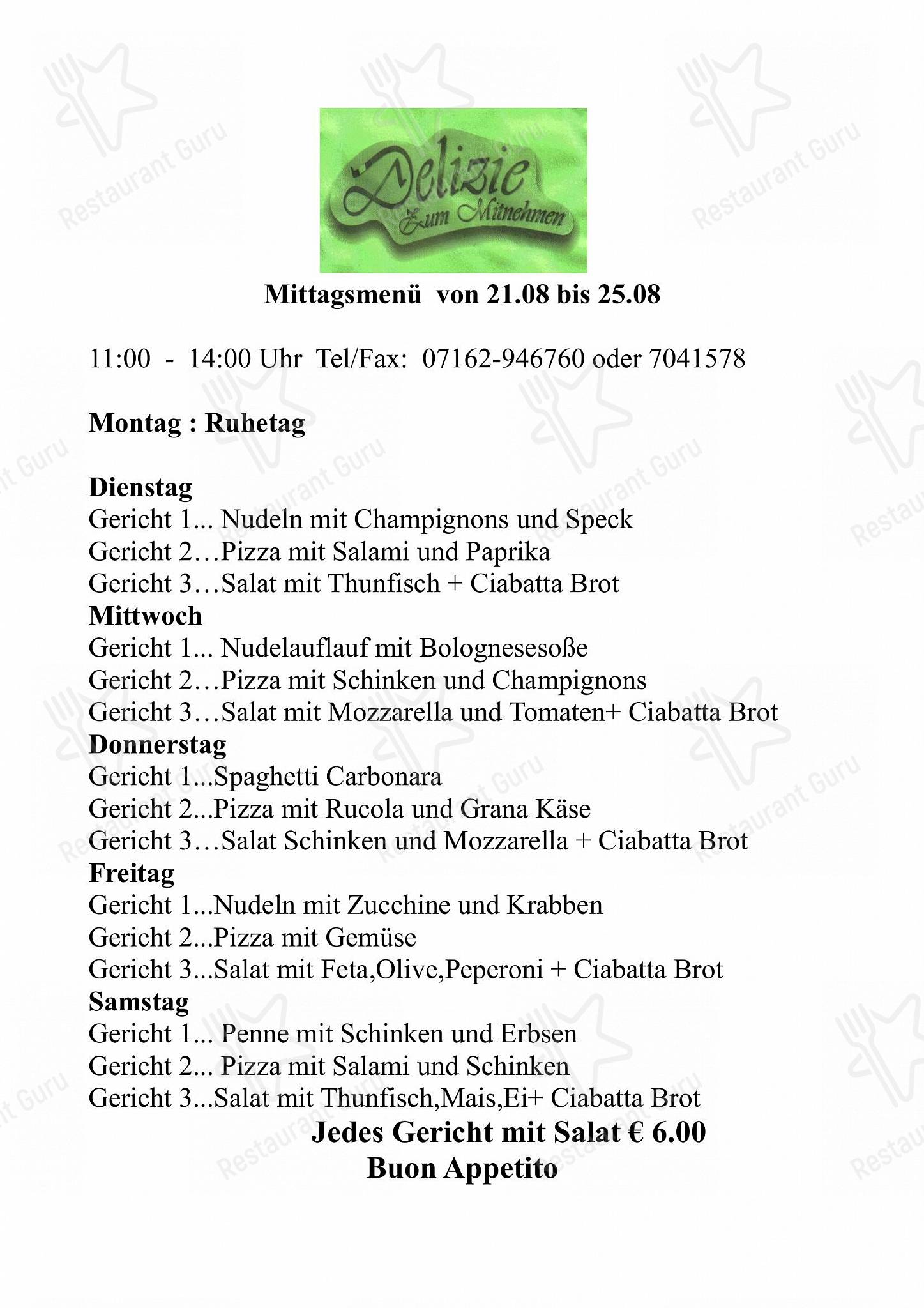 Speisekarte von Pizzeria Delizie, Donzdorf