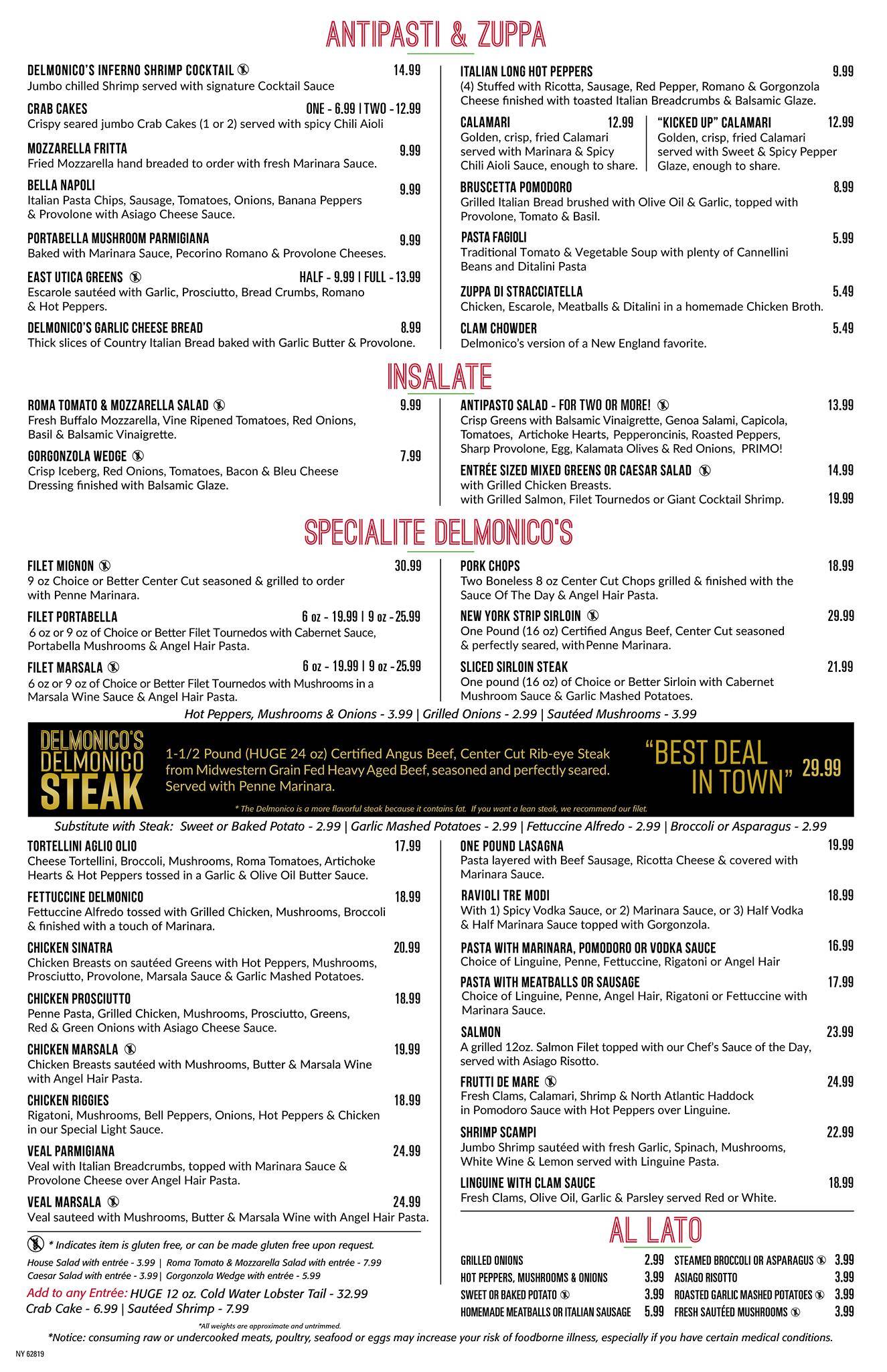 Menu at Delmonico's Italian Steakhouse, Rochester