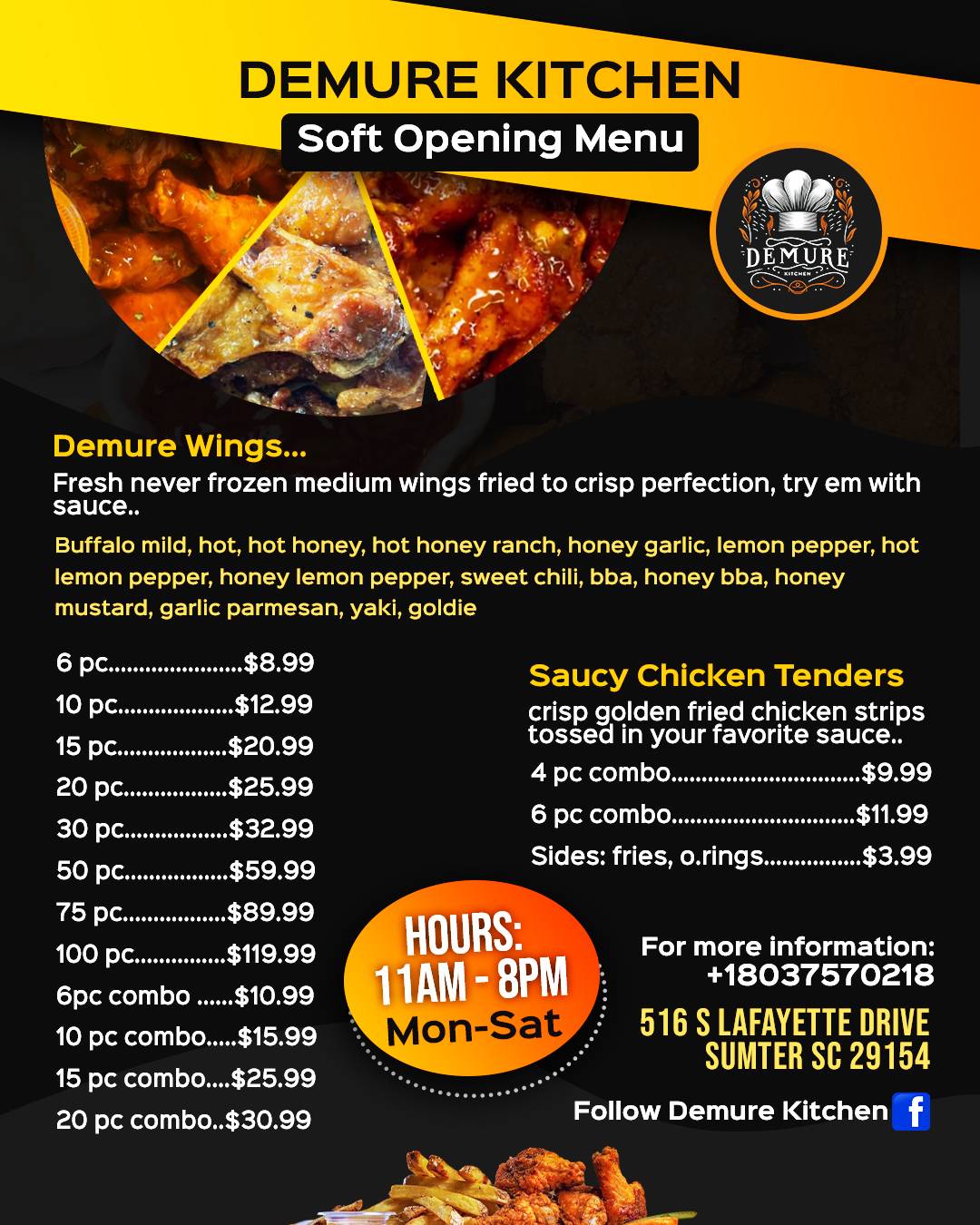 Menu at Demure Kitchen restaurant, Sumter