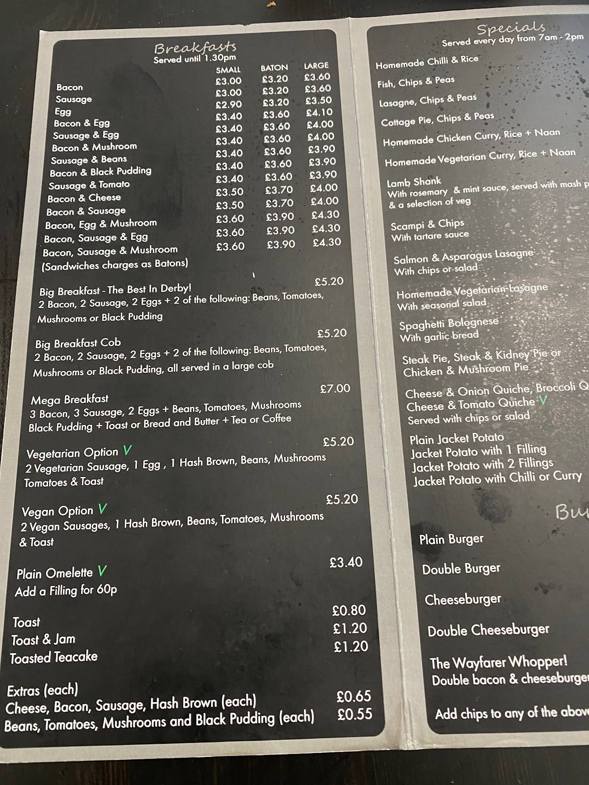 Menu at Wayfarer Cafe, Derby