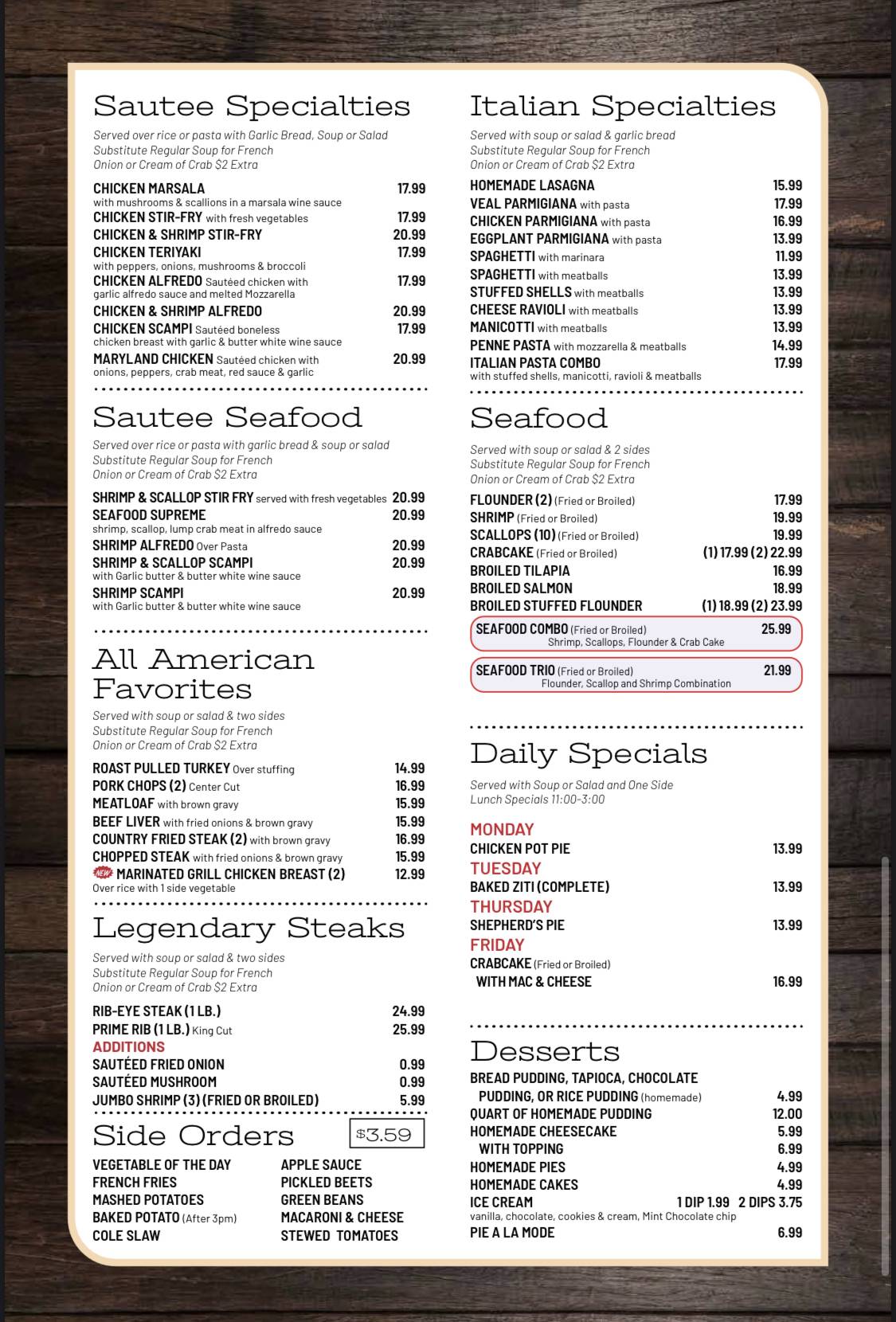 Menu at Derby's Bar & Restaurant, Harrington