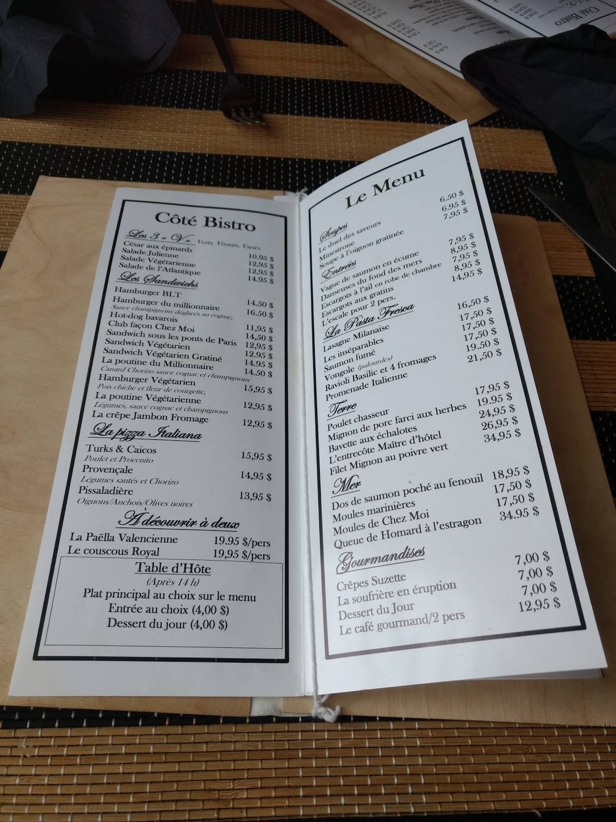 Menu au Restaurant Chez Moi, Deschambault