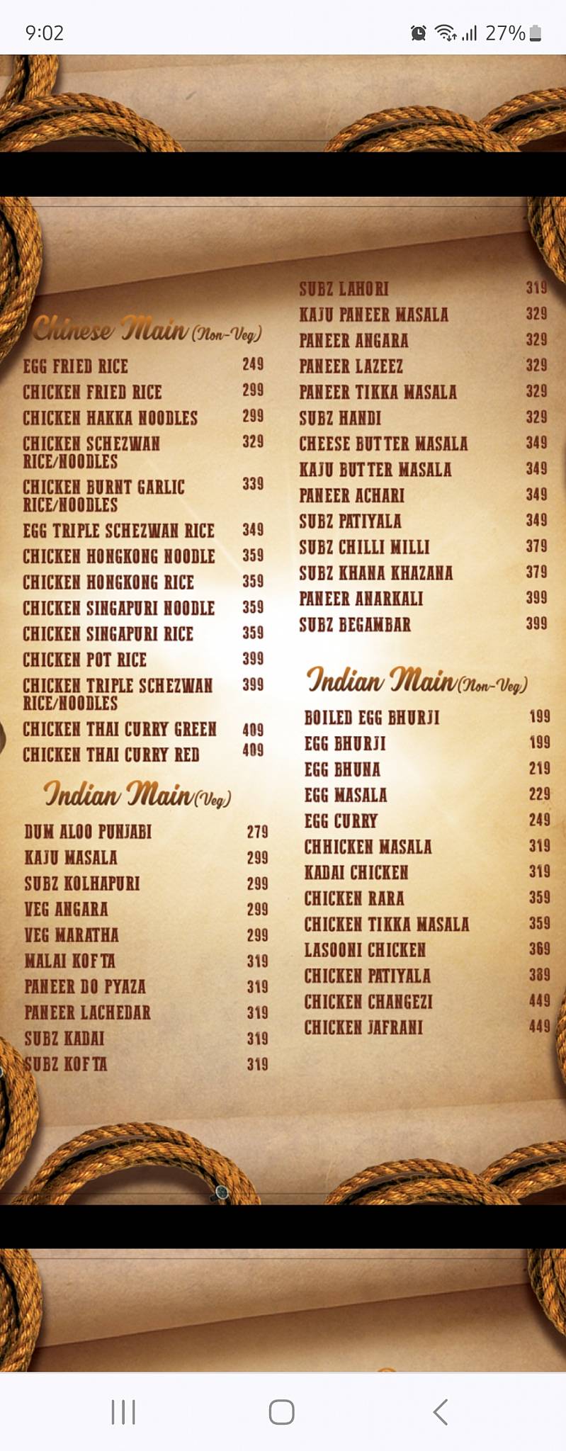 Menu at Desert Ship, Nashik