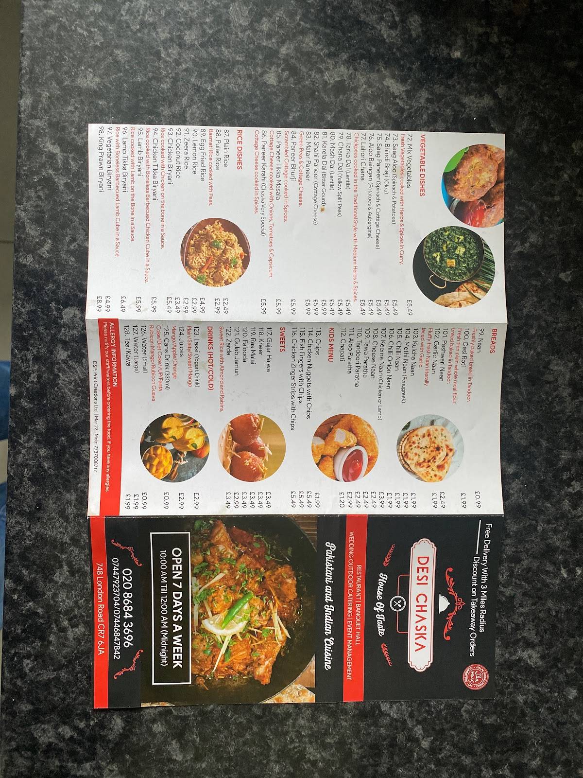 Menu at Desi Chaska Thornton Heath restaurant, Thornton Heath