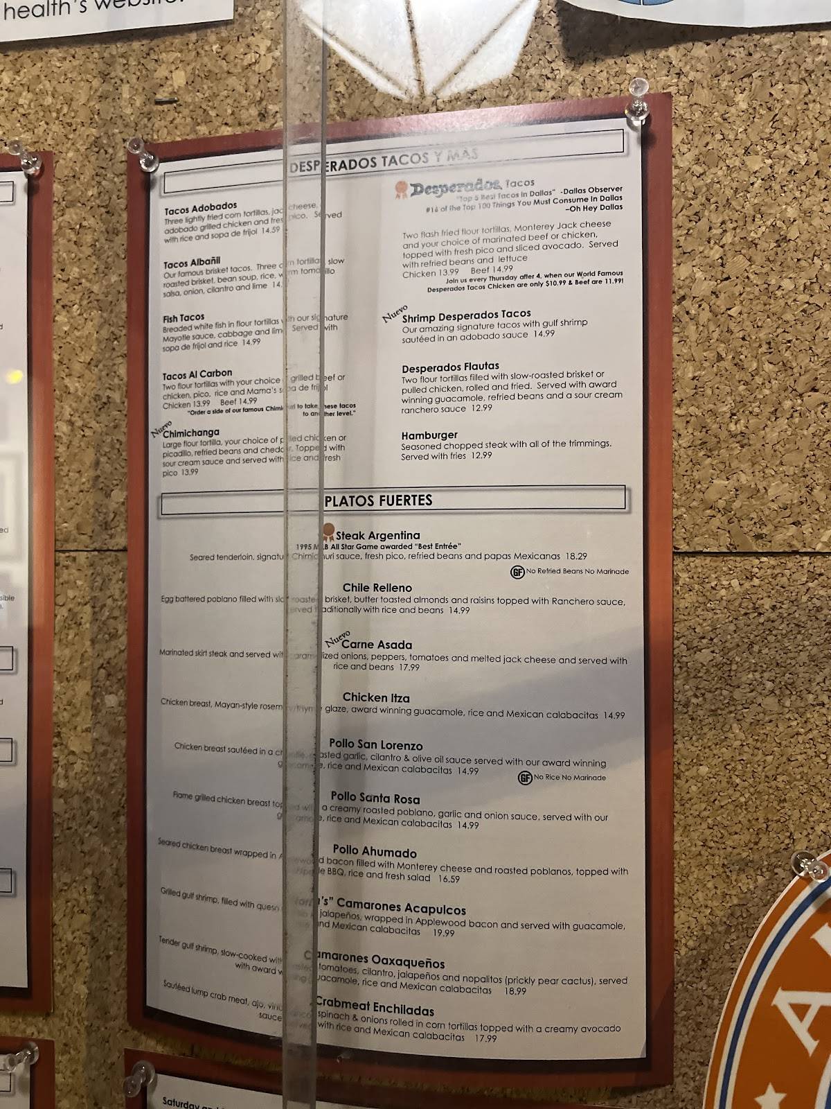 Menu at Desperados Mexican Restaurant, Dallas