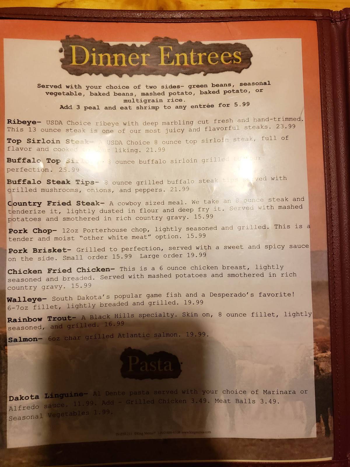 Menu at Desperados steakhouse, Hill City