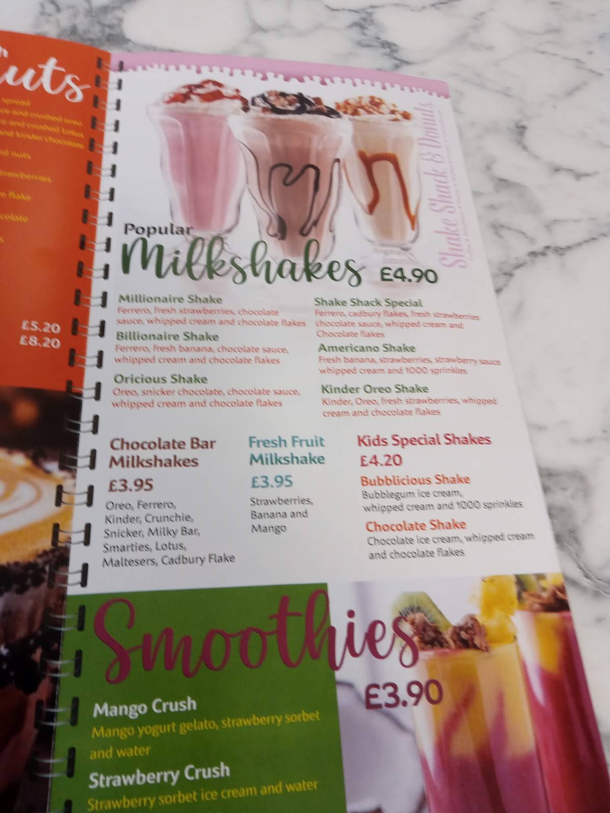 Carta del postres Shake shack and donuts, Leeds