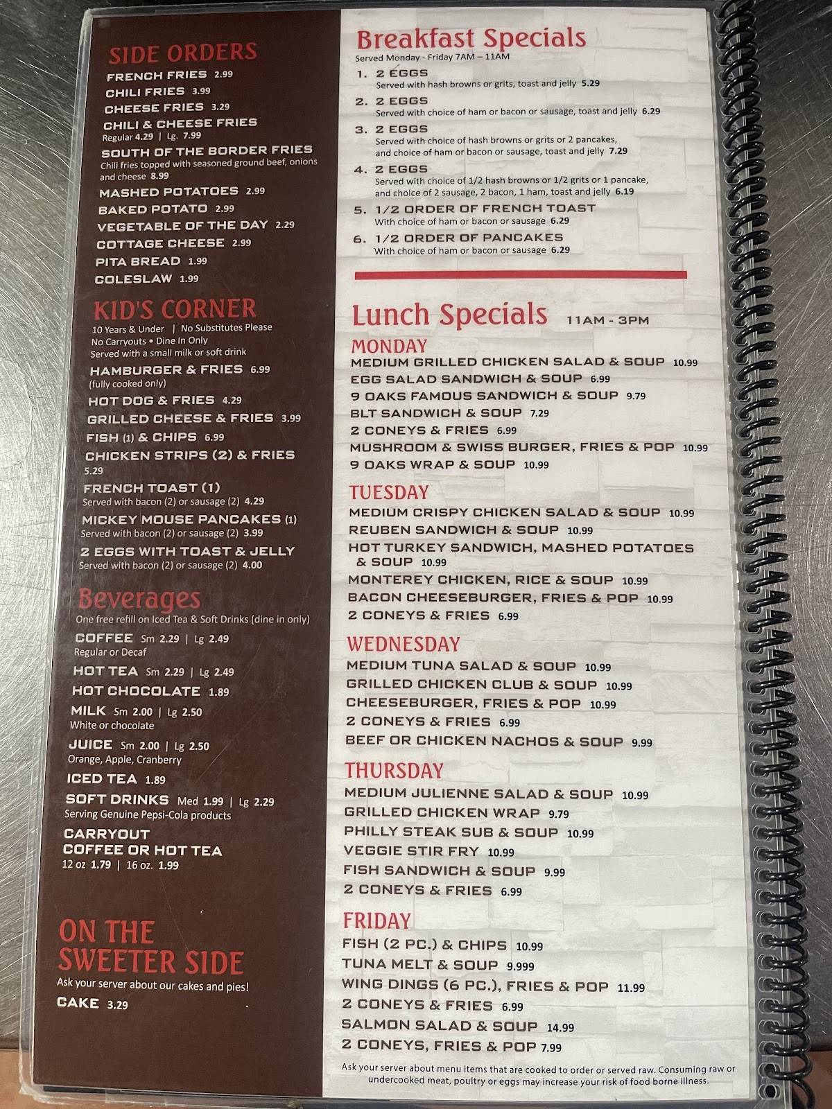 Menu at 9 Oaks Grill restaurant, Oak Park