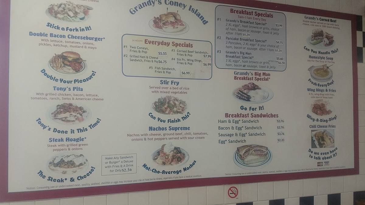 Menu at Grandy's Coney Island fast food, Detroit, Holbrook Ave