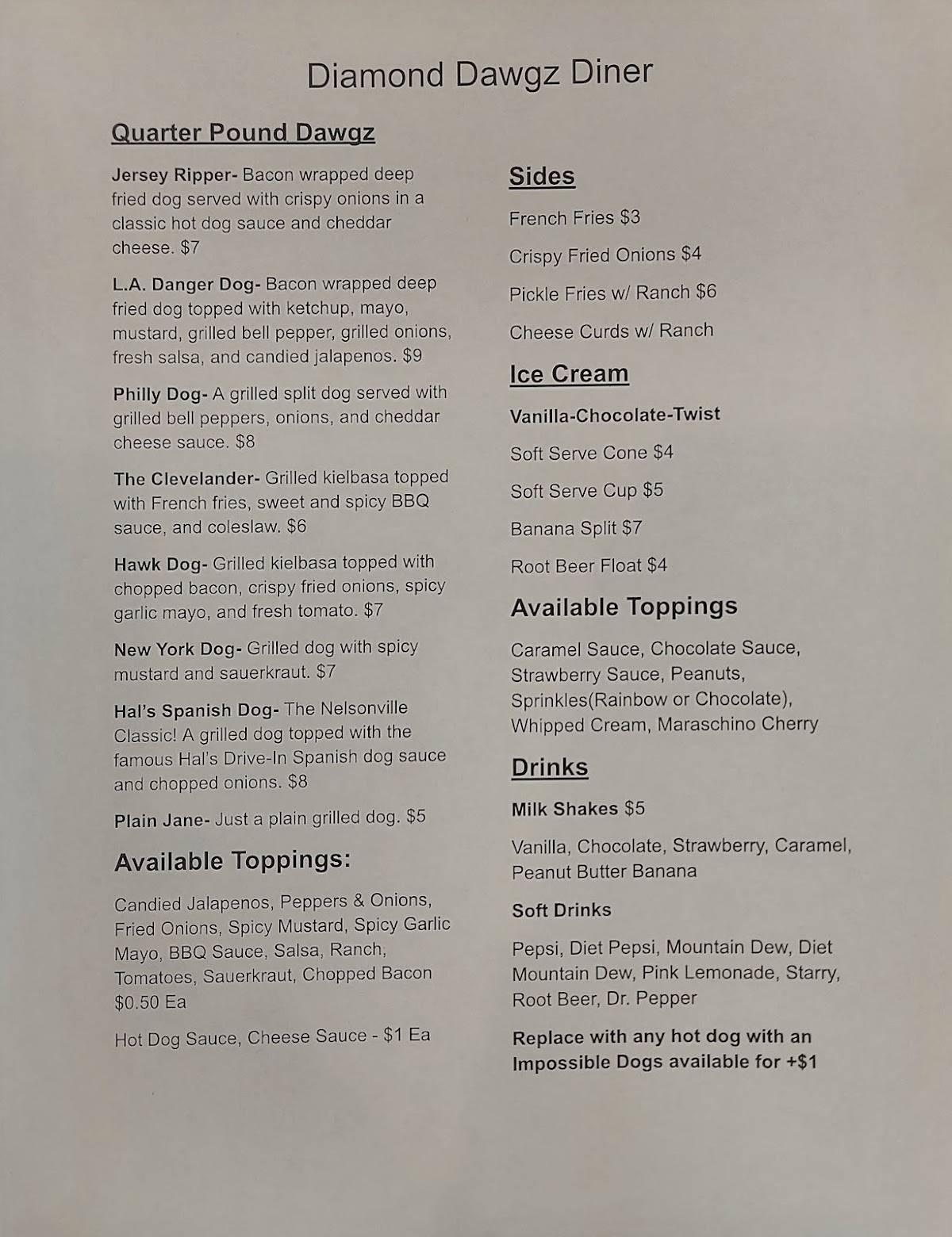 Menu at Diamond Dawgz restaurant, Nelsonville