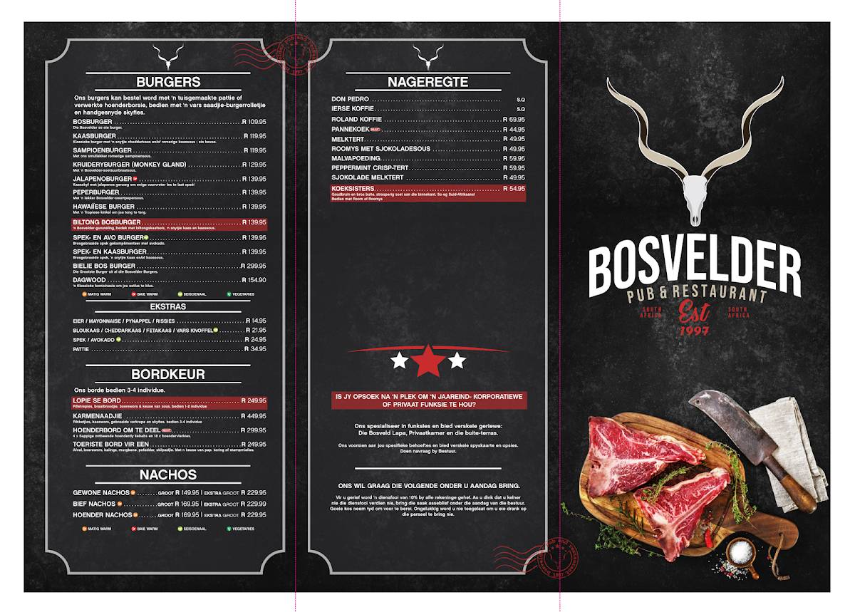 Menu at Die Bosvelder Pub & Restaurant, Centurion