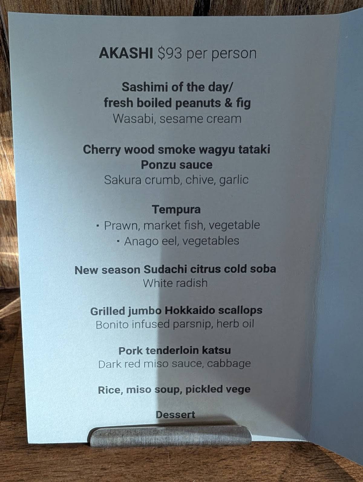 Menu at Dining AKASHI restaurant, Applecross