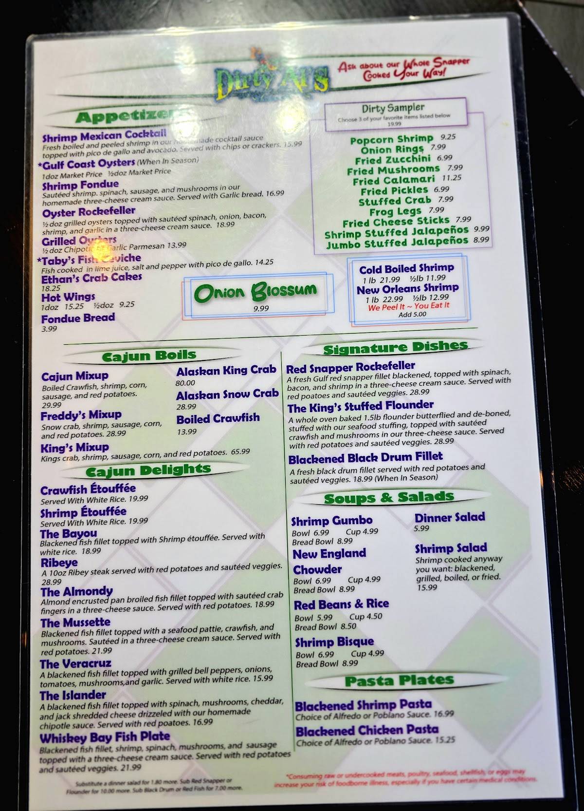 Menu at Dirty Al's Bayou Grill restaurant, McAllen, N 10th St #400