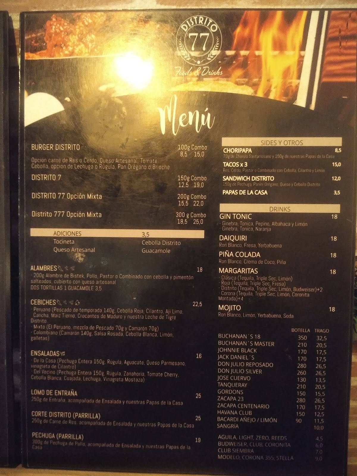 Carta del restaurante Distrito 77, Bogotá
