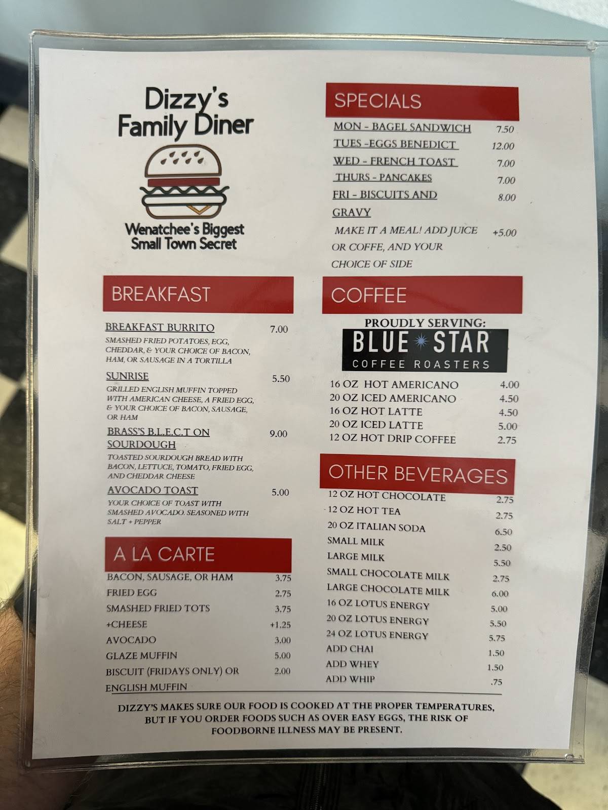 Menu at Dizzy D's restaurant, Wenatchee