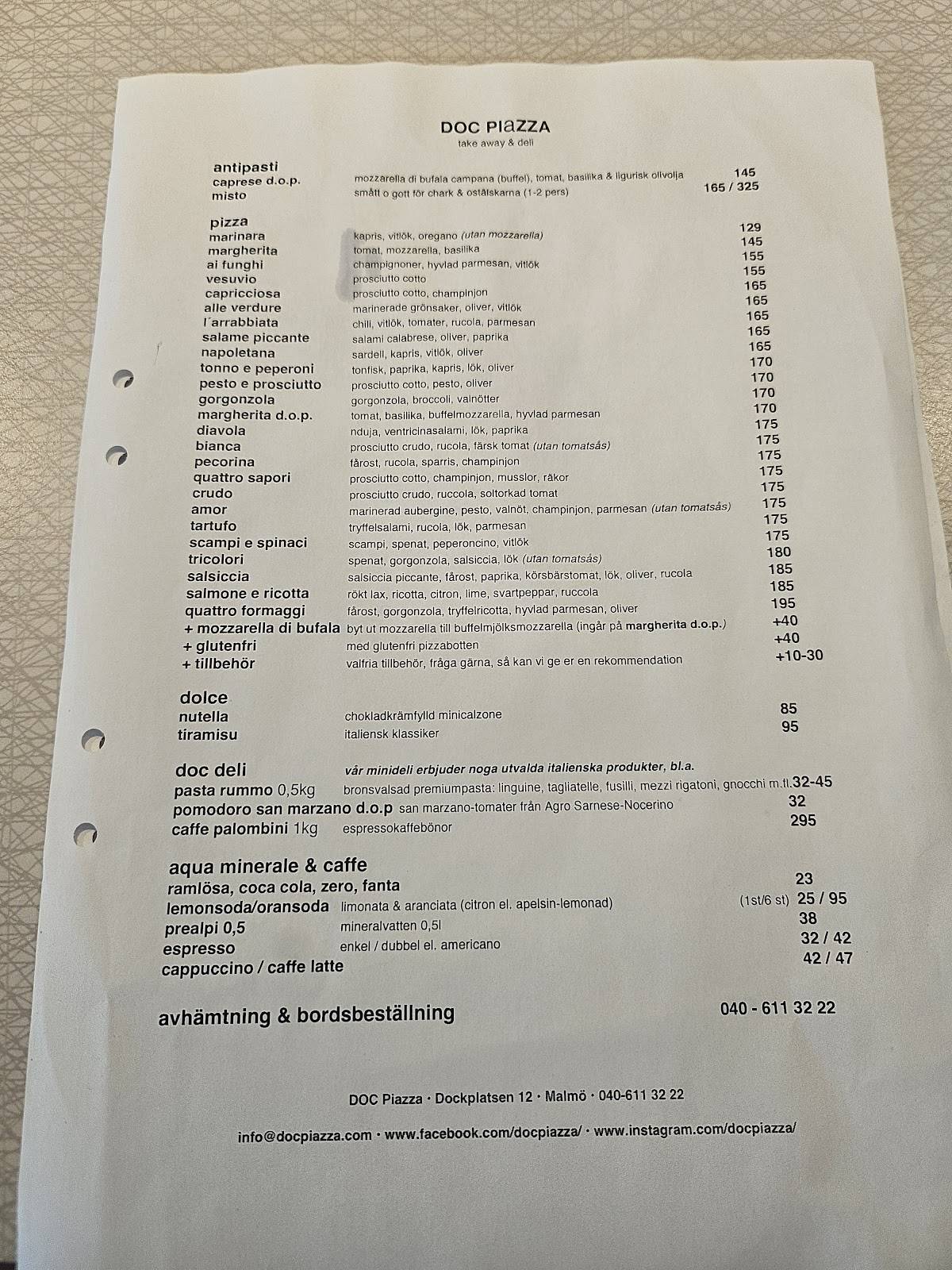 Menu at Doc Piazza pizzeria, Malmö, Dockplatsen 12