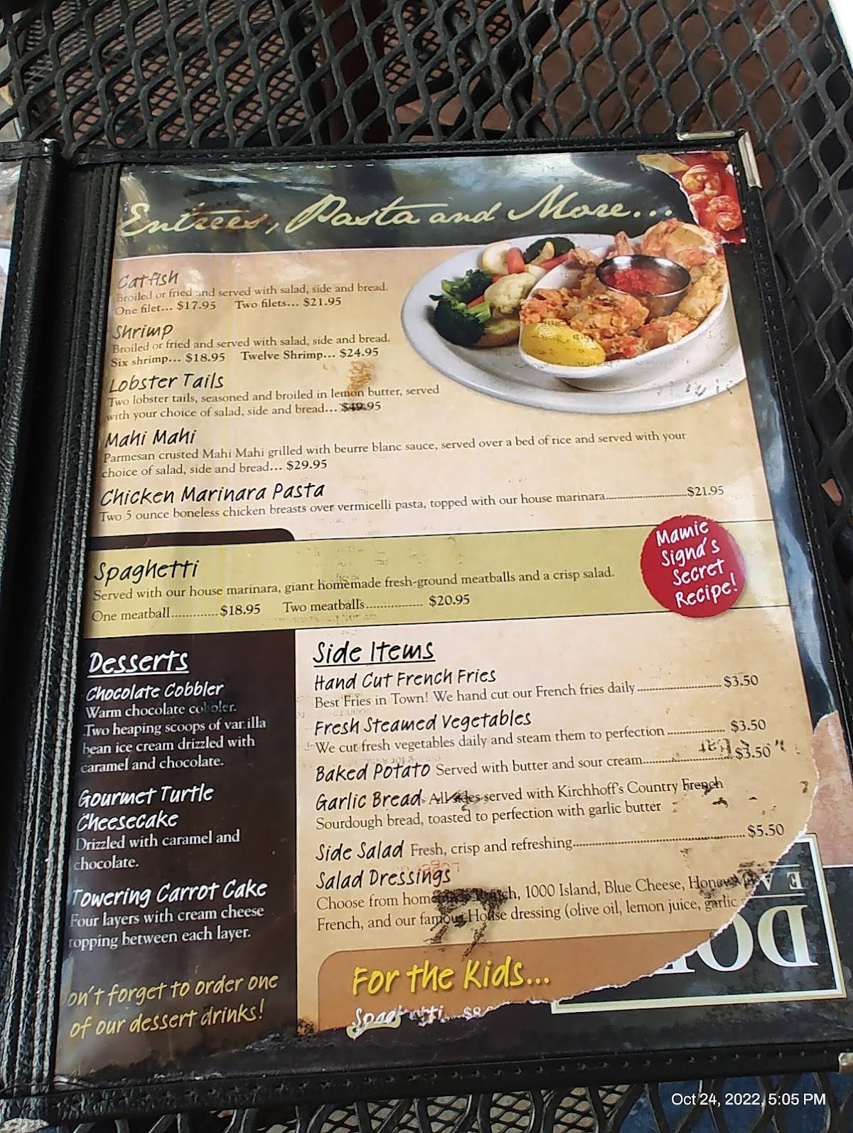Menu at Doe's Eat Place steakhouse, Paducah