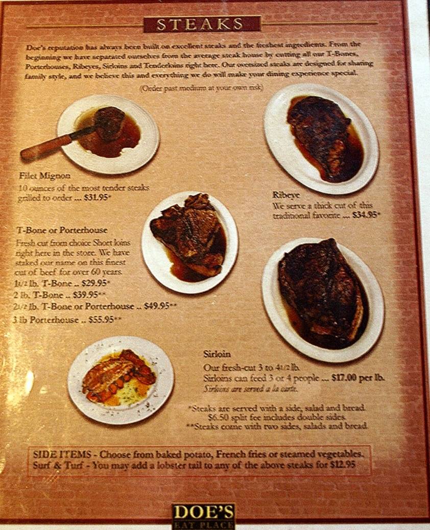 Menu at Doe's Eat Place steakhouse, Paducah
