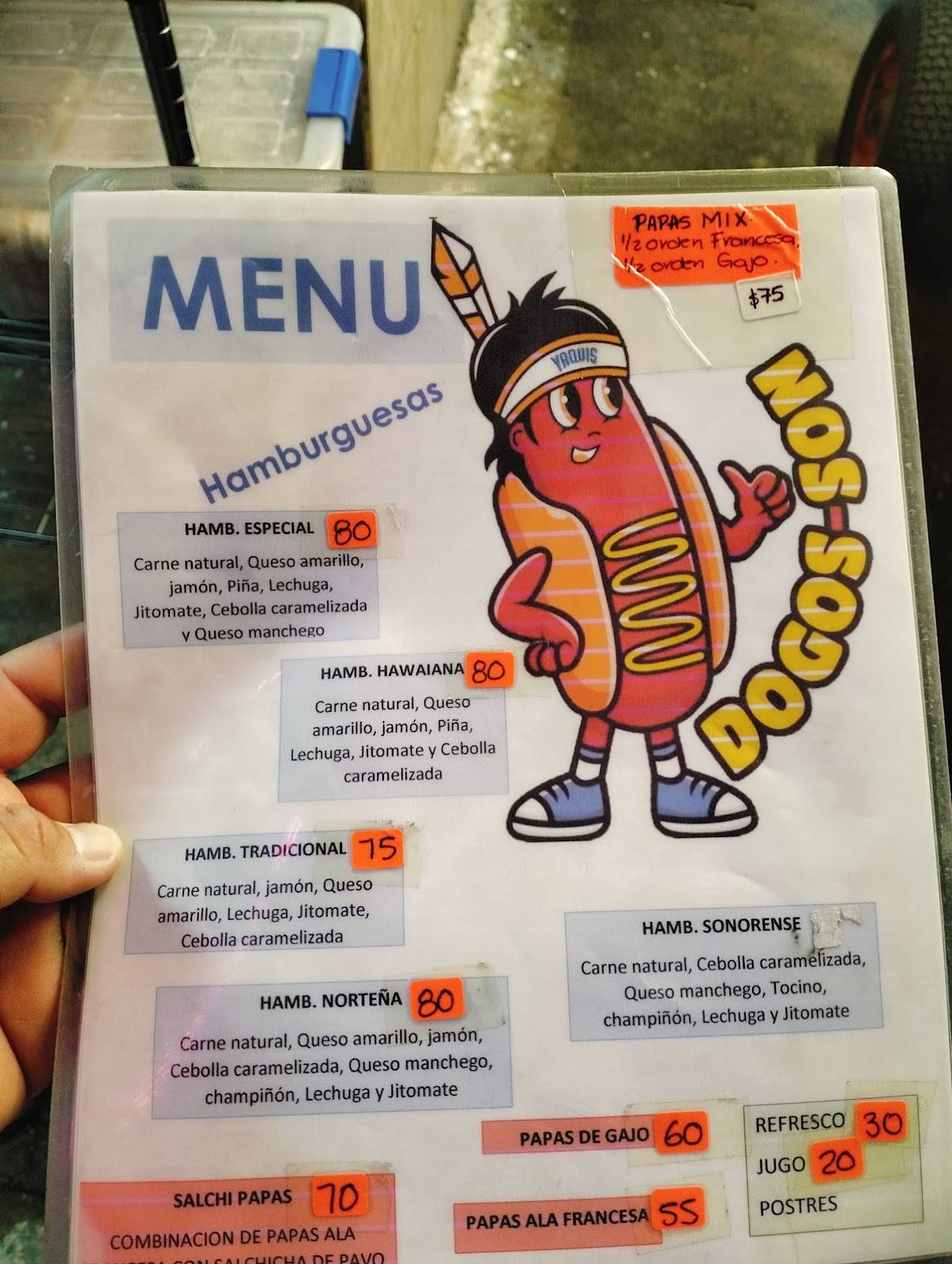 Menu at Dogos-SON restaurant, Cuernavaca
