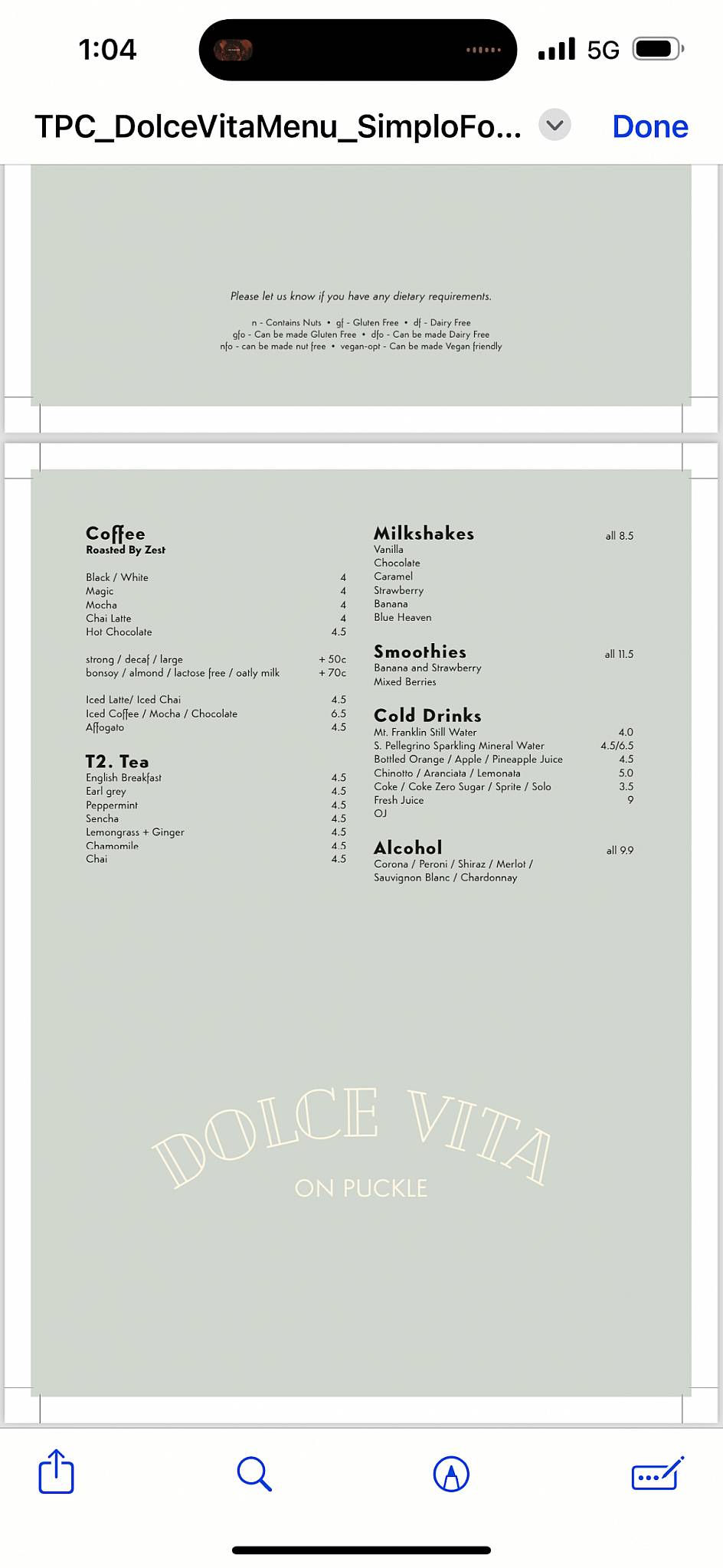 Menu at Dolce Vita on Puckle cafe, Moonee Ponds