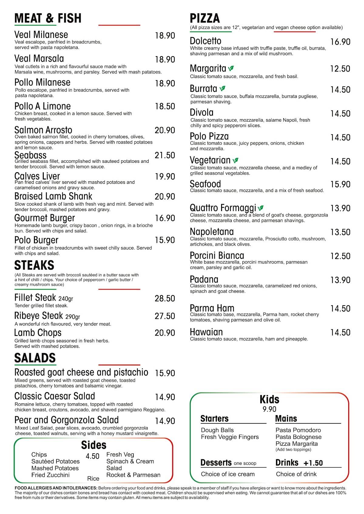Menu at Dolcetto Restaurant, Bushey
