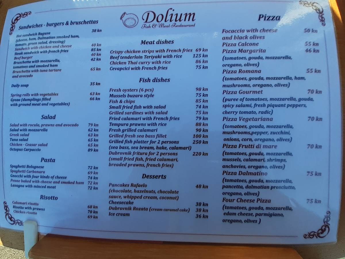 Menu at Dolium restaurant, Cavtat