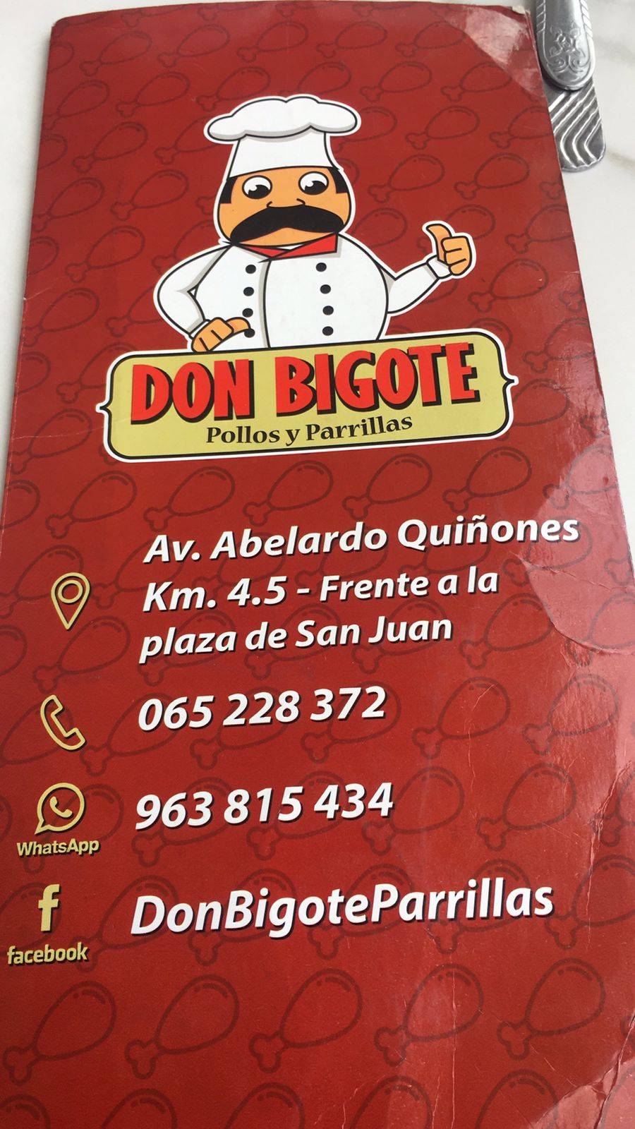 Carta del restaurante Don Bigote, Iquitos