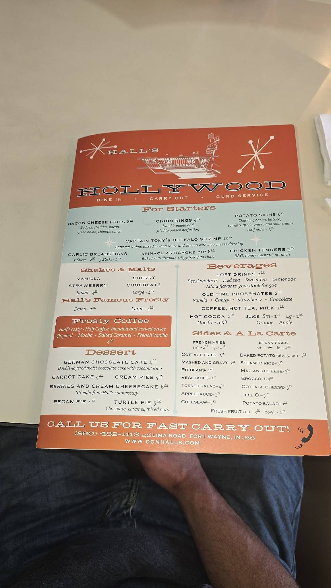 Menu at Don Hall's Hollywood Drive-In restaurant, Fort Wayne
