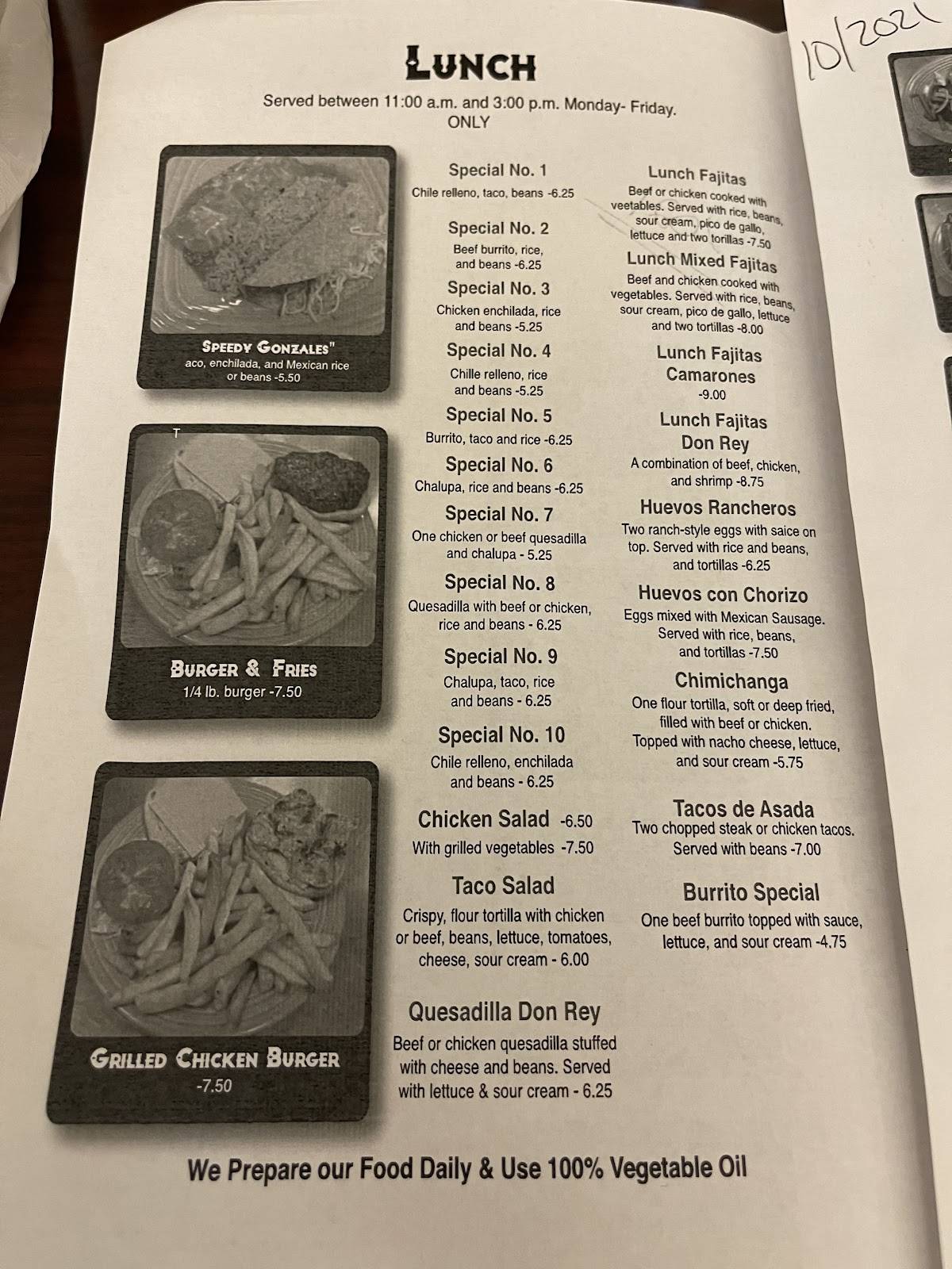 Menu at Don Rey Mexican Restaurant, Boiling Springs