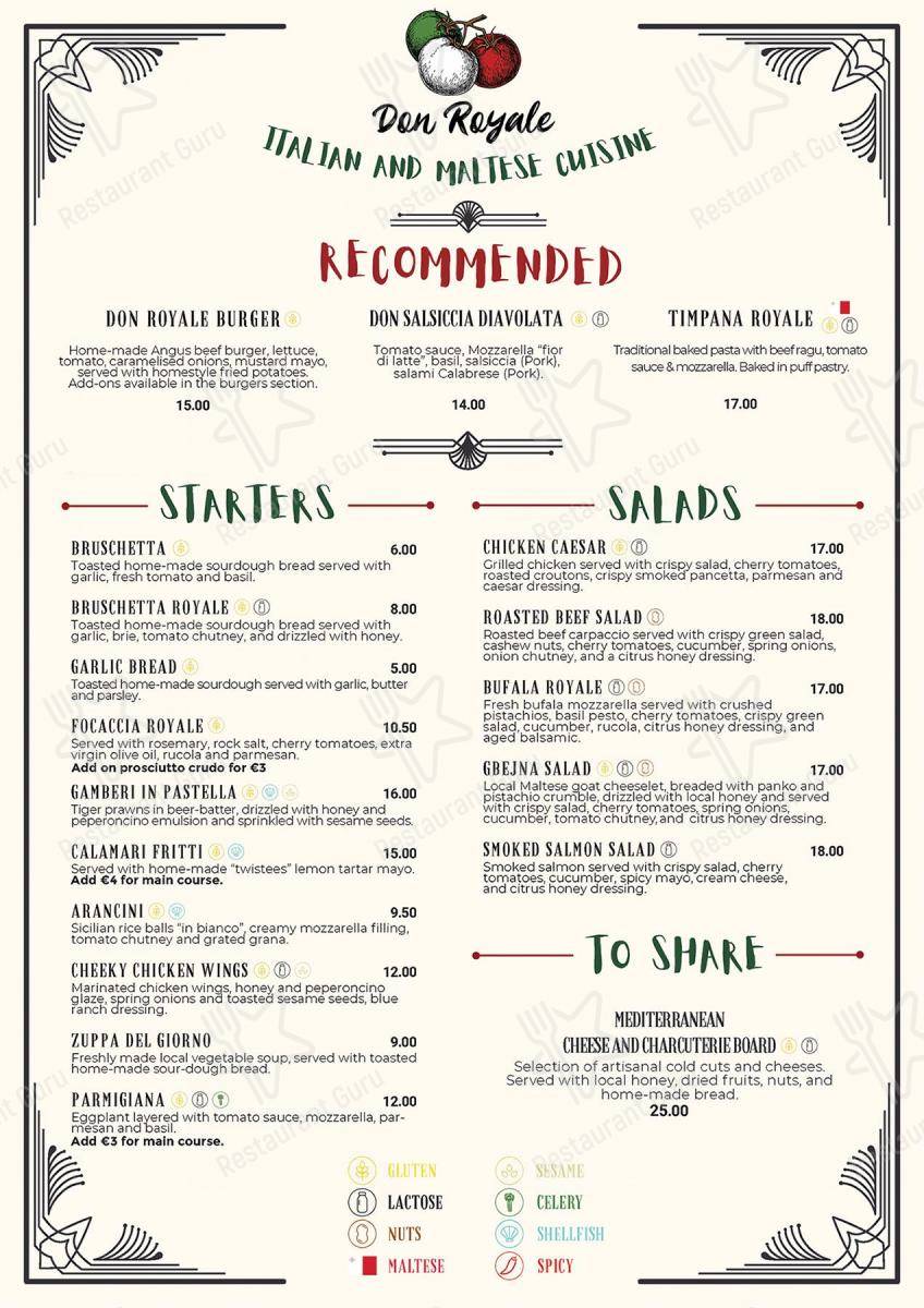 Menu at Don Royale restaurant, Saint Julian's